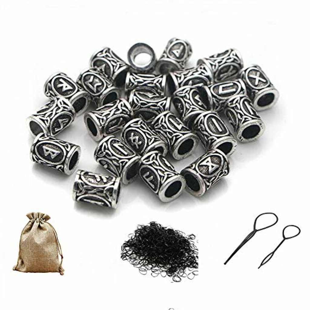 Queta Kit of Rune Viking Beads for Beard and Rubber Bands (CLR: Silver ...